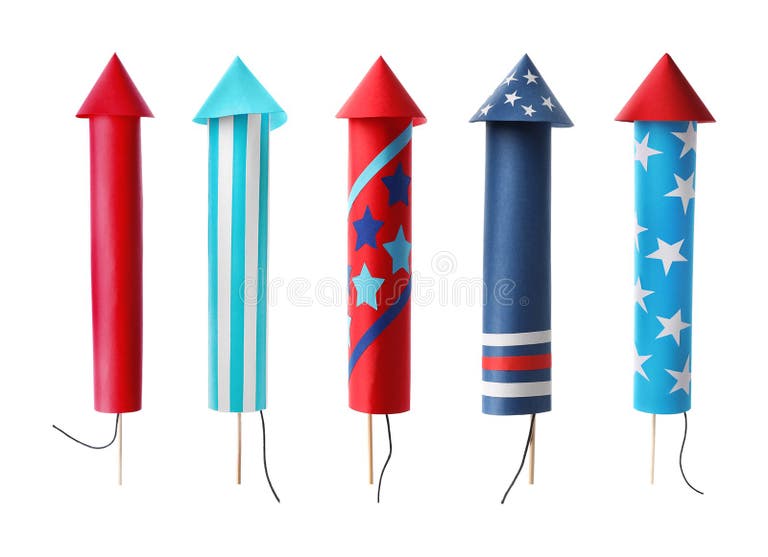 Set of Bright Firework Rockets Isolated on White Stock Image - Image of ...