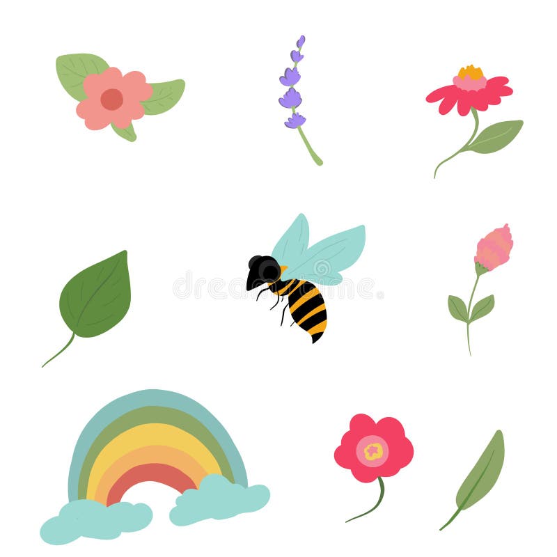 Set of Bright Flowers and Bee with Big Eyes and Rainbow Stock Vector ...