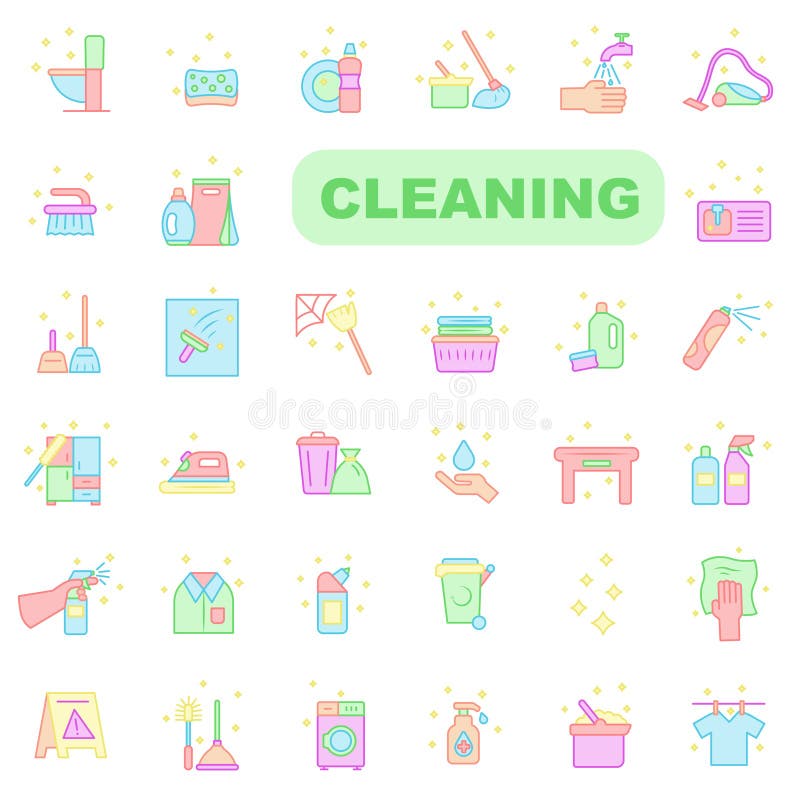 Set of Bright Linear Icons on the Theme of Cleaning. Cleaning Company ...