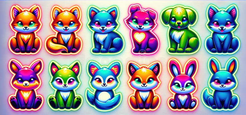 Set of Bright Neon Stickers of Funny Animals Stock Illustration ...