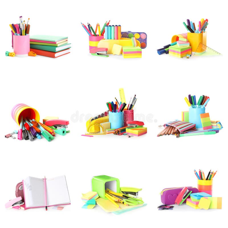 Set of Bright School Stationery on White Background Stock Image - Image ...