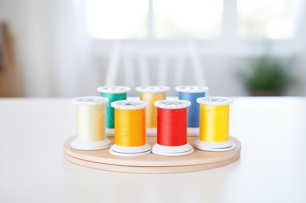 Set of Bright Spools of Threads on a Clean White Table Stock Photo ...