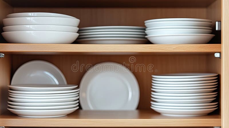 A Set of Bright White Plates and Bowls Arranged in an Open Cupboard ...