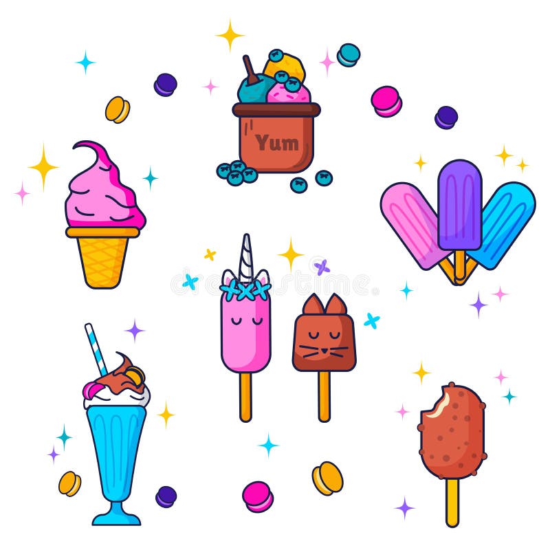 A Set of Brightly Colored Ice Cream in Different Cones. Cute Cartoons ...