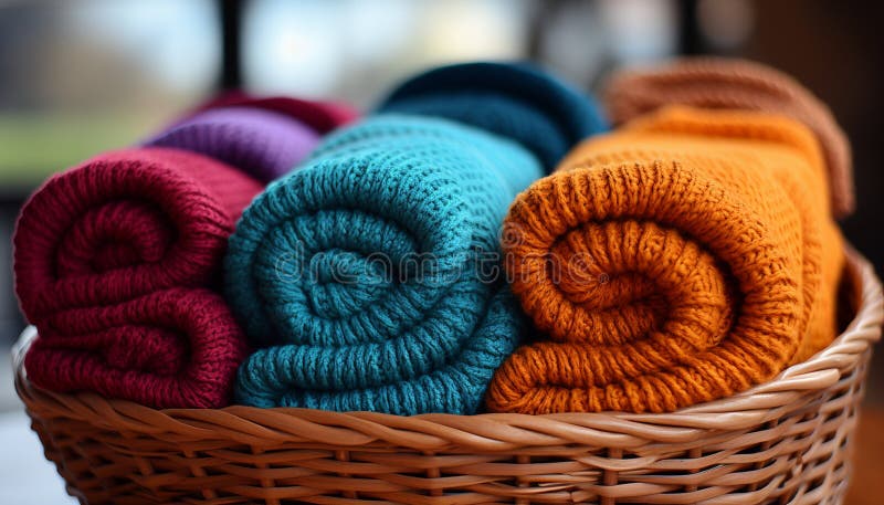 Set of Brightly Coloured Knitted Plaids in a Wicker Basket Stock ...