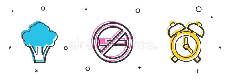 Set Broccoli, No Smoking and Alarm Clock Icon. Vector Stock ...
