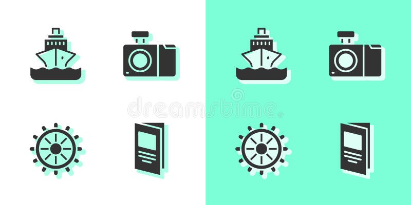 Set Brochure, Cruise Ship, Ship Steering Wheel and Photo Camera Icon ...