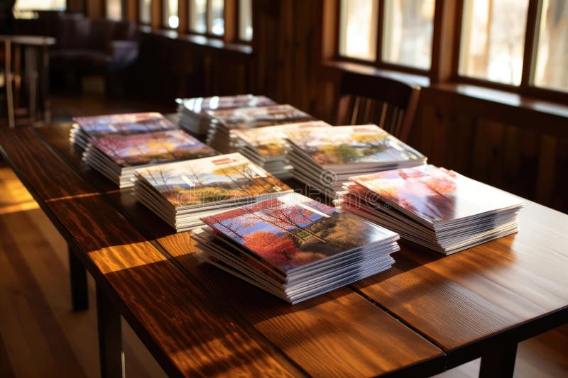 A Set of Brochures Spread Out on a Wooden Table Stock Photo - Image of ...