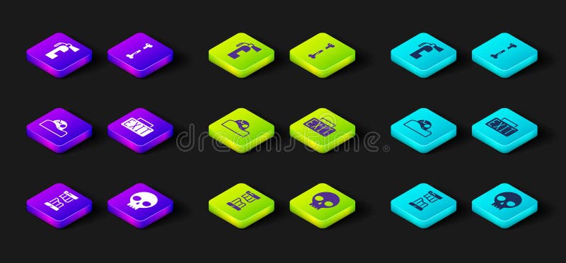 Set Broken Ancient Column, Human Skull, Exit Sign, Broken Bone and Fire ...