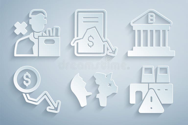 Set Broken Piggy Bank, Bank Building, Dollar Rate Decrease, Shutdown of Factory, Mobile Stock ...