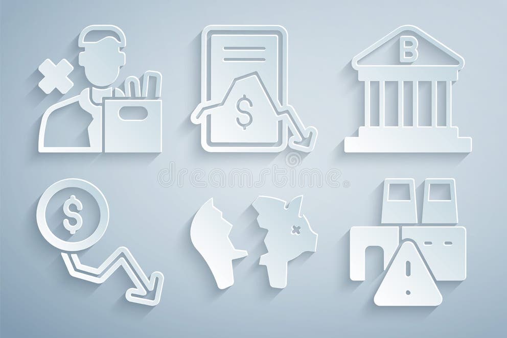 Set Broken Piggy Bank, Bank Building, Dollar Rate Decrease, Shutdown of Factory, Mobile Stock ...
