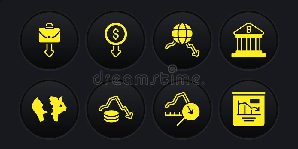 Set Broken Piggy Bank, Bank Building, Dollar Rate Decrease, Global ...