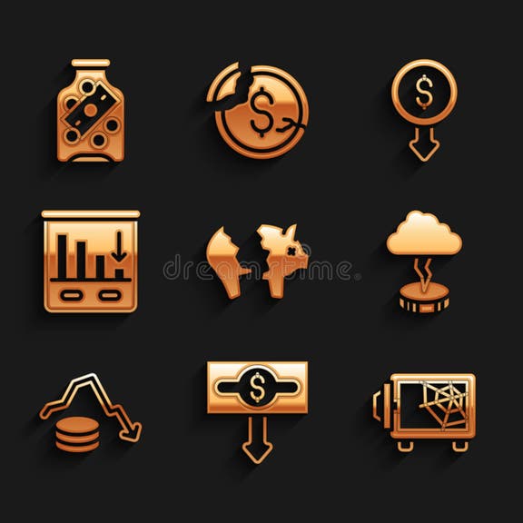 Set Broken Piggy Bank, Dollar Rate Decrease, Safe, Storm, Pie Chart Infographic, and Glass Money ...