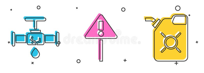 Set Broken Pipe with Leaking Water, Exclamation Mark in Triangle and ...