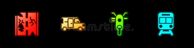 Set Broken Road, Minibus, Scooter and Train and Railway Icon. Vector ...