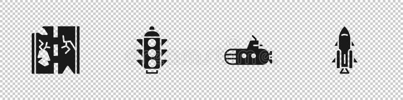 Set Broken Road, Traffic Light, Submarine and Rocket Ship with Fire ...