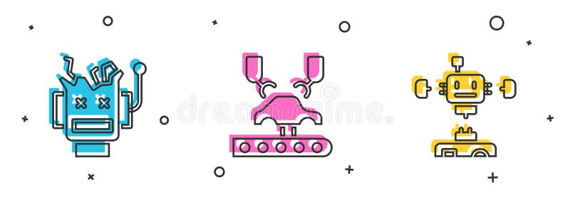 Set Broken Robot, Robotic Arm on Factory and Disassembled Icon. Vector ...