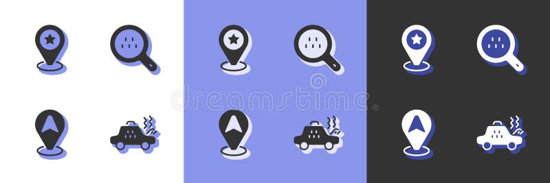 Set Broken Taxi Car, Location with Star, and Search Icon. Vector Stock ... Set Broken Taxi Car, Location with Star, and Search Icon. Vector Stock ...