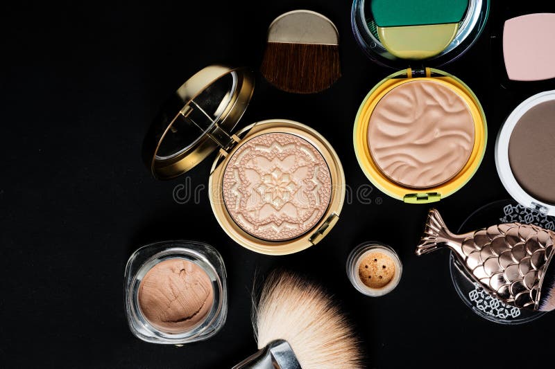 Set of Bronze Powder with Makeup Brushes on Black Background Stock ...