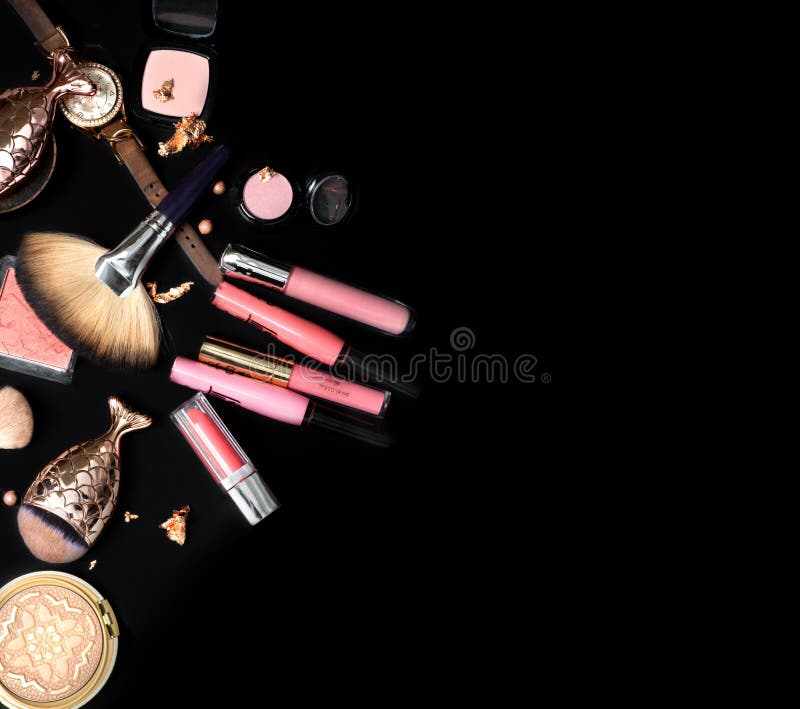 Set of Bronze Powder with Makeup Brushes on Black Background Stock ...