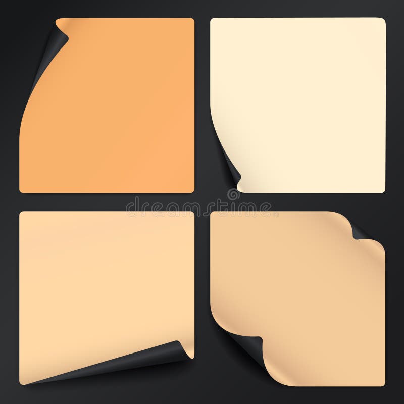 Set of Brown, Black Note Notebook Paper with Curled Corners for Text or ...