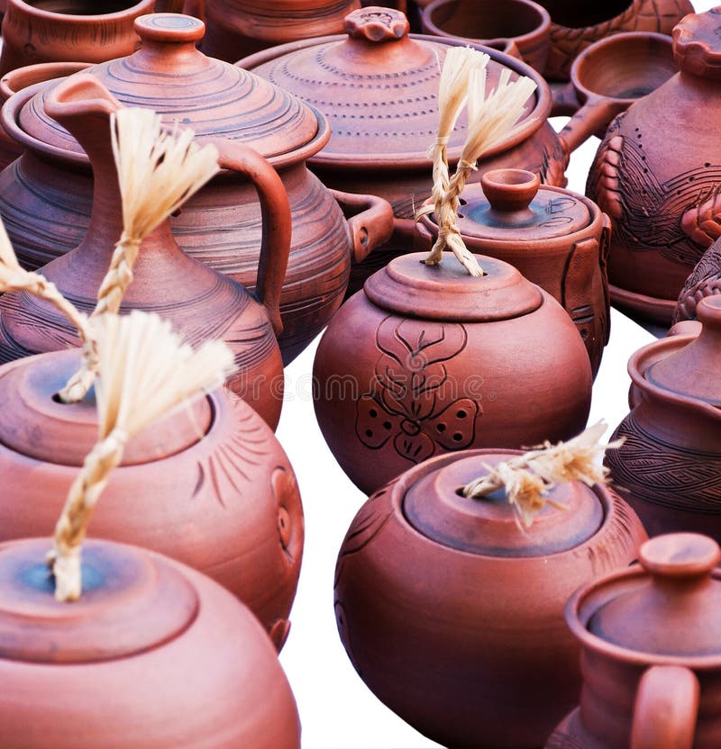 Set of Brown Clay Jars and Pots Stock Photo - Image of white, brown ...