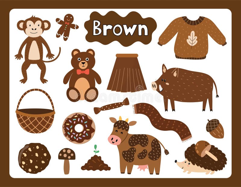 Set of Brown Color Objects. Primary Colors Flashcard with Brown ... Set of Brown Color Objects. Primary Colors Flashcard with Brown ...