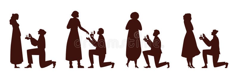 Set Brown Silhouettes with People Makes Marriage Proposal Flat Style ...