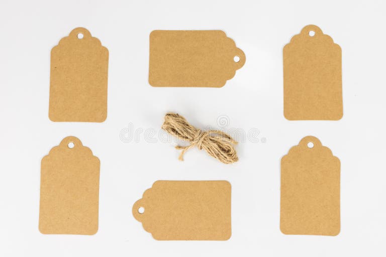 A Set of Brown Tags with Jute String on White Isolated Background Stock ...
