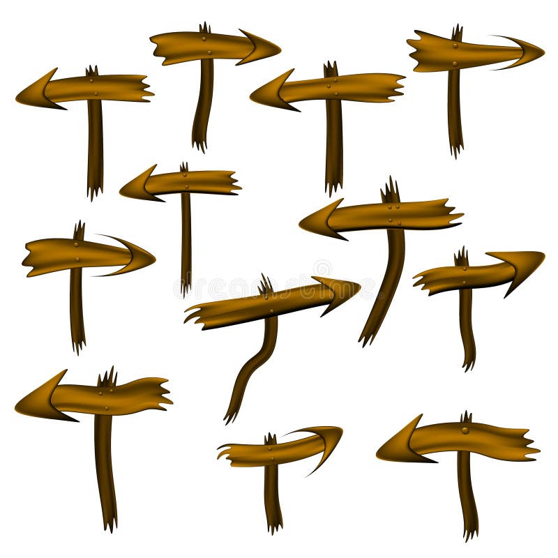 Set of Brown Wooden Arrows Pointers on Curved Posts Isolated on White ...