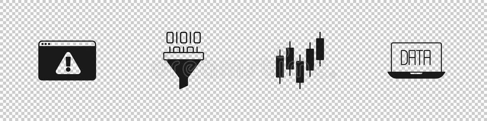 Set Browser with Exclamation Mark, Binary Code, Stocks Market and Data Analysis Icon. Vector ...
