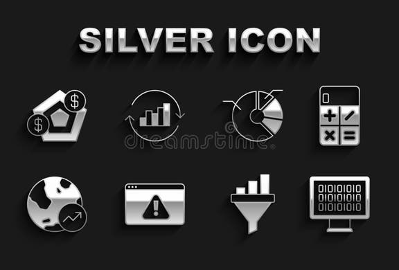 Set Browser with Exclamation Mark, Calculator, Binary Code, Sales Funnel Chart, Financial Growth ...