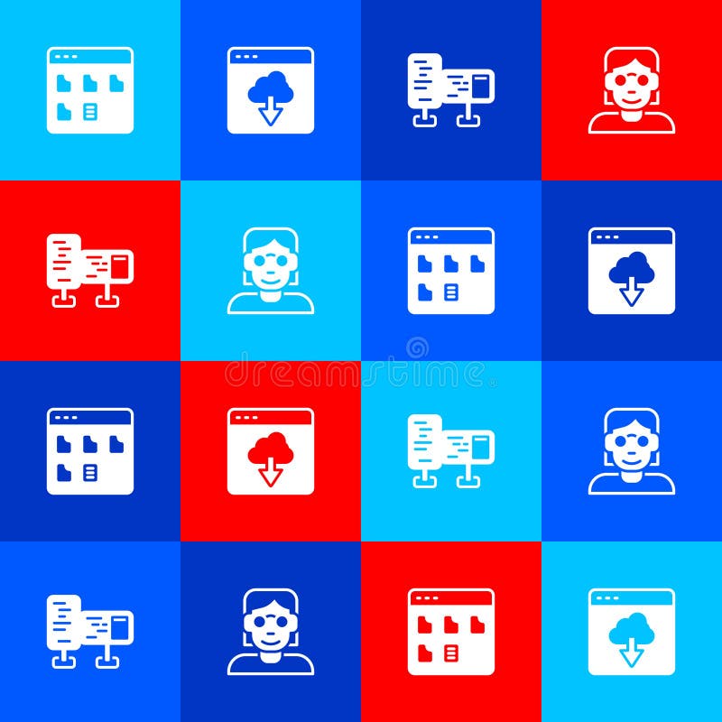 Set Browser Files Cloud Technology Data Transfer Computer Monitor Screen And Hacker Coder Icon