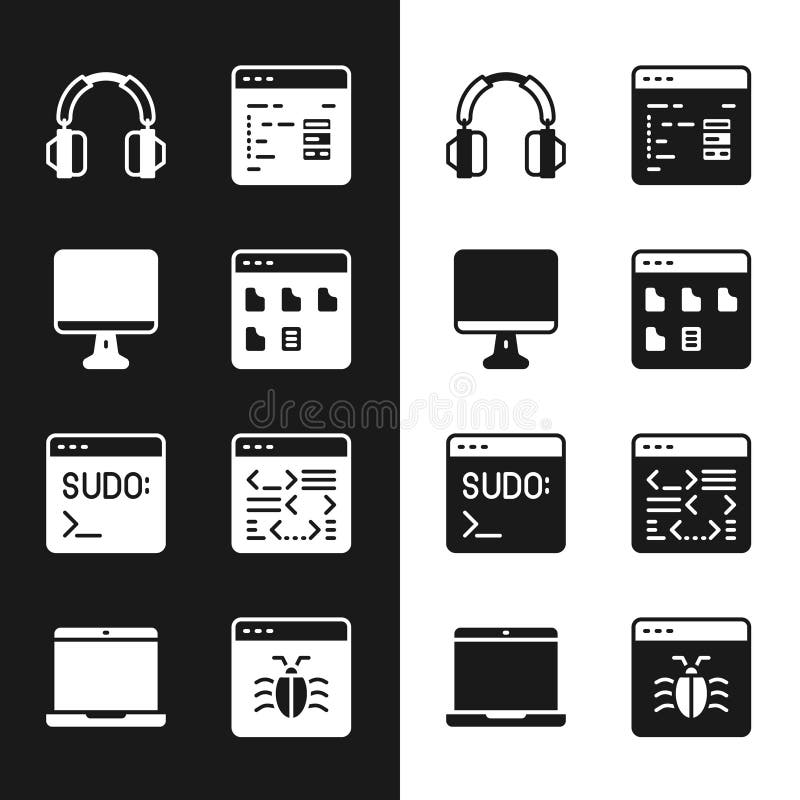 Set Browser Files, Computer Monitor Screen, Headphones, Software, Code ... Set Browser Files, Computer Monitor Screen, Headphones, Software, Code ...