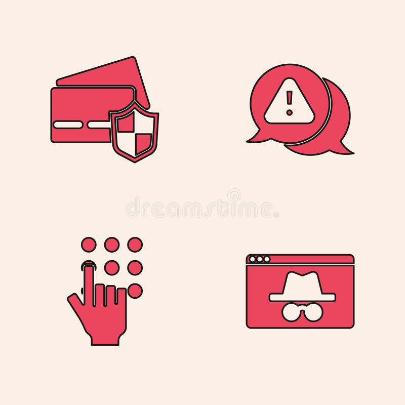Set Browser Incognito Window Credit Card With Shield Exclamation Mark Triangle And Password