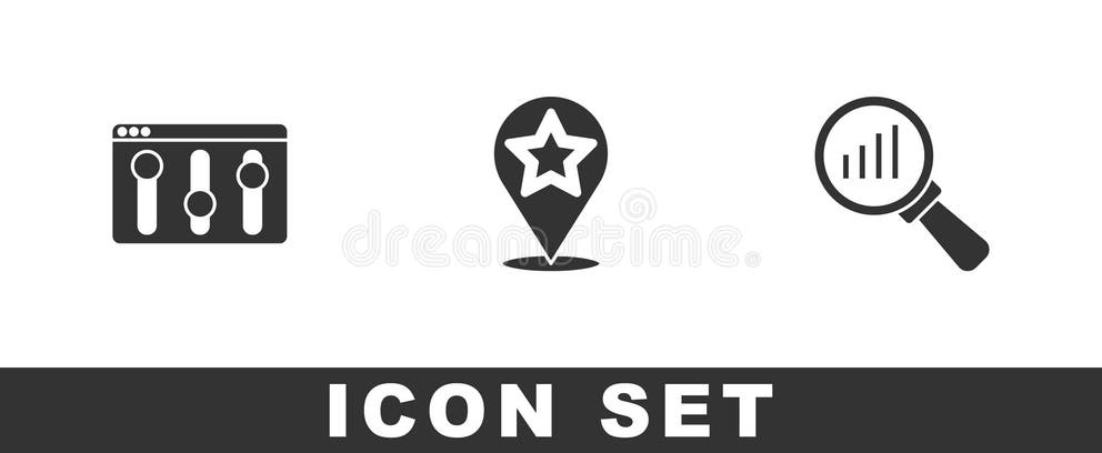 Set Browser Setting, Map Pointer with Star and Magnifying Glass and Analysis Icon. Vector Stock ...
