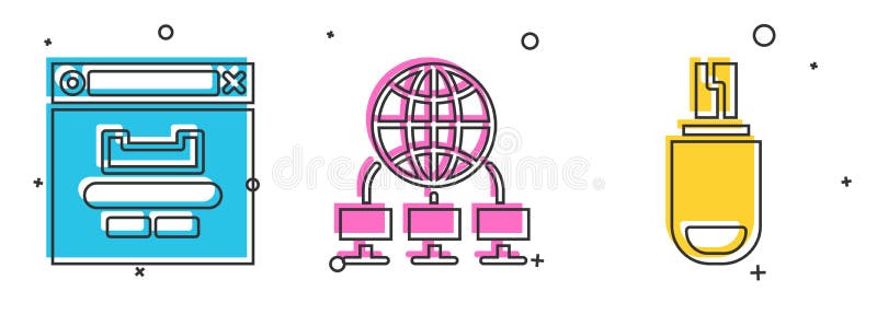 Set Browser Window, Computer Network and USB Flash Drive Icon. Vector ...