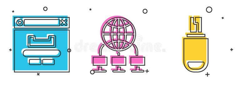 Set Browser Window, Computer Network and USB Flash Drive Icon. Vector ...