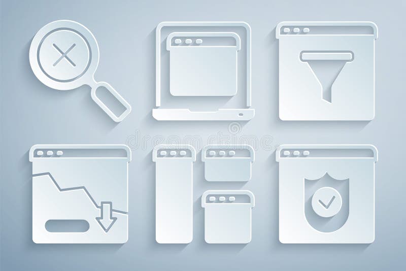 Set Browser Window, Financial Growth Decrease, with Shield, Laptop Browser and Magnifying Glass ...