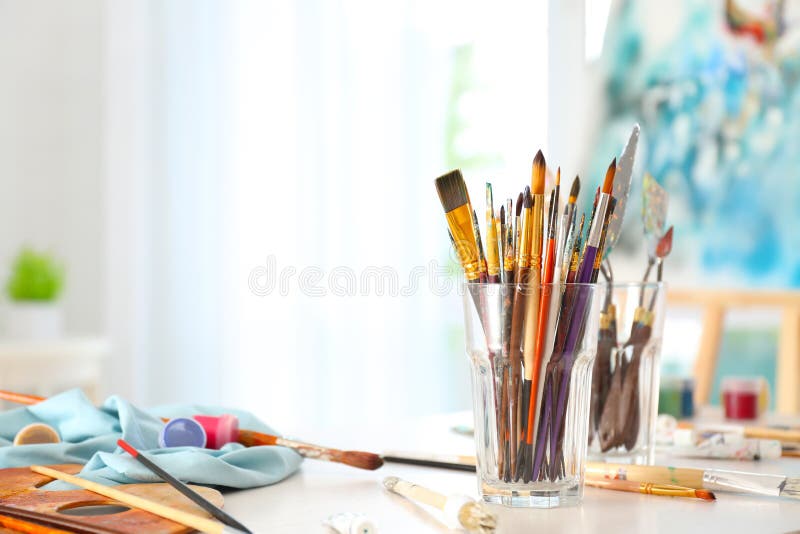 Set of Brushes and Painting Tools on Table in Artist S Workshop Stock ...