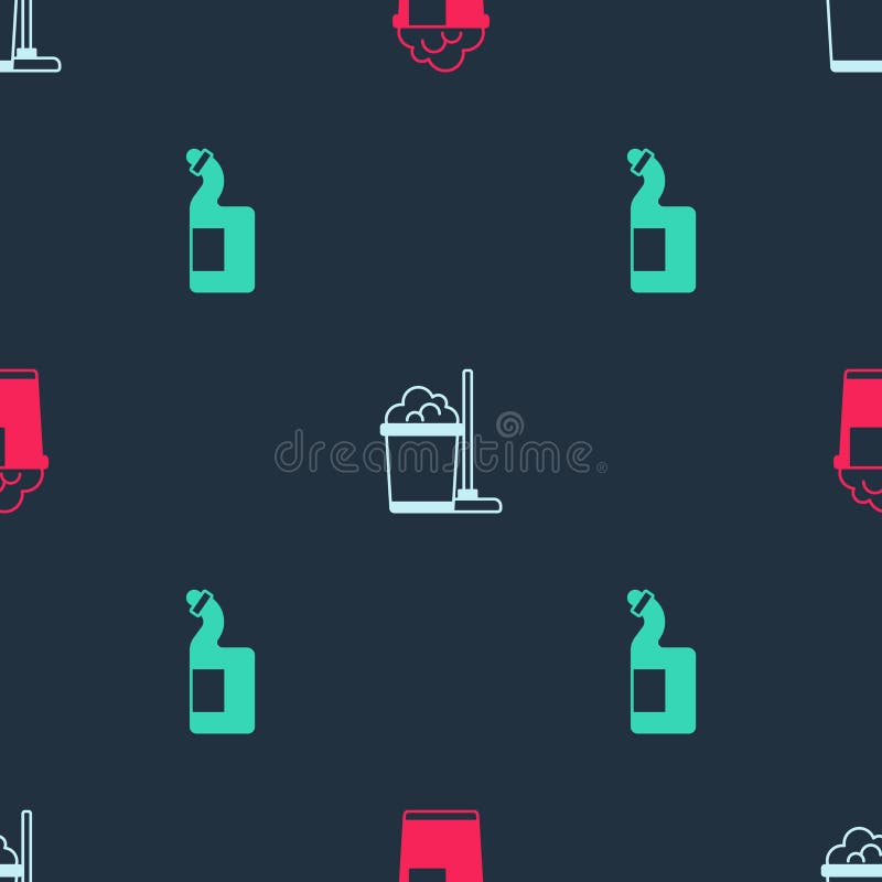 Set Bucket with Foam, Mop and Bucket and Dishwashing Liquid Bottle on ...