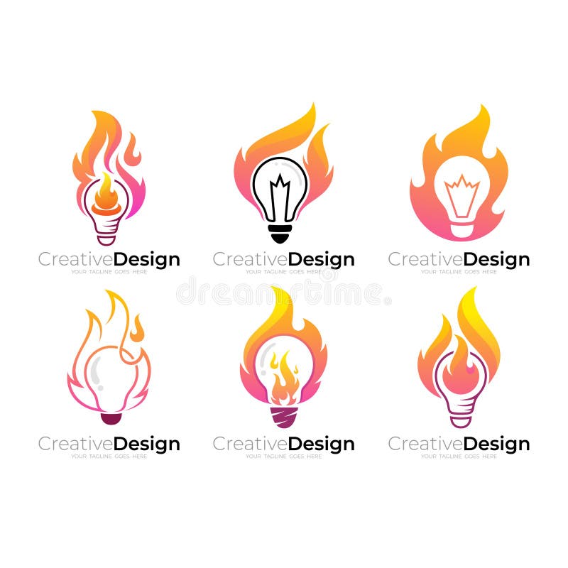 Set Bulb Logo and Fire Design Combination, Burning Light Bulb Logo ...