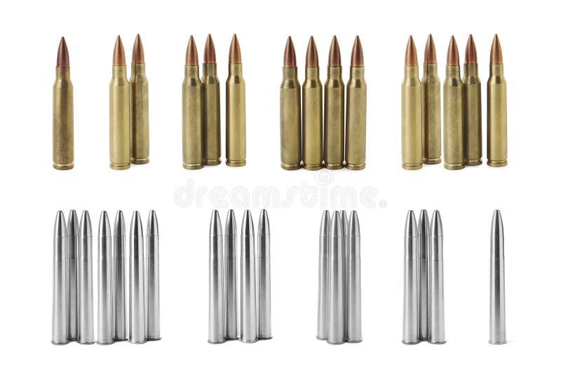 Set of Many Bullets on White Background. Firearm Ammunition Stock Image ...