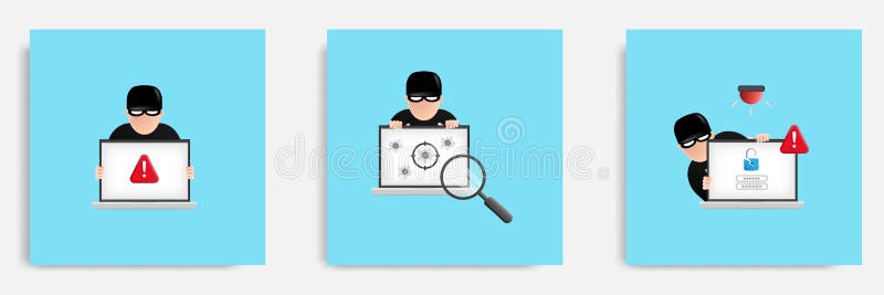 Set Bundle of Hacker Theft Data Breach Warning Notification. 3D Cartoon ...