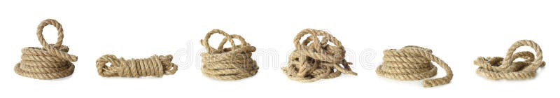Set with Bundles of Hemp Ropes on White Background Stock Image - Image ...