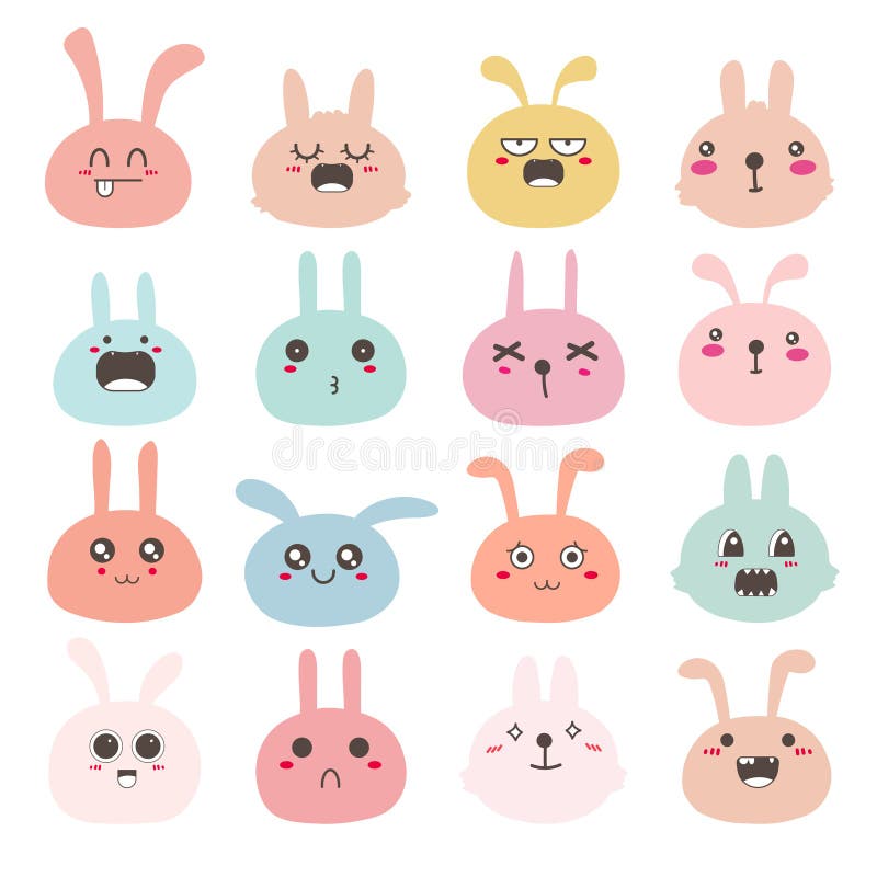 Set of Bunny Face Emoticons, Cute Rabbit Character Design. Stock Vector ...