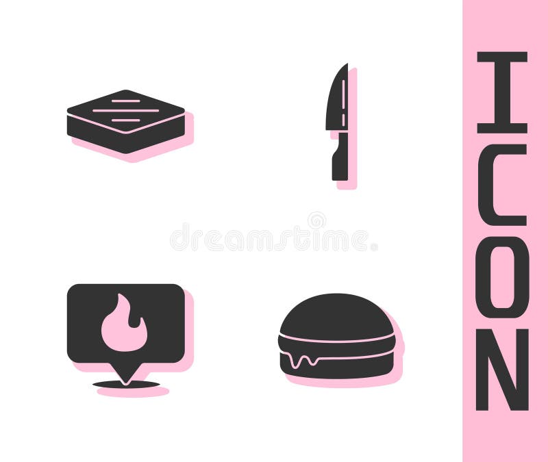 Set Burger, Steak Meat, Location with Fire Flame and Barbecue Knife ...