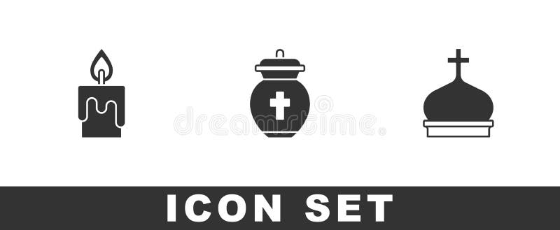 Set Burning Candle, Funeral and Church Tower Icon. Vector Stock Vector ...