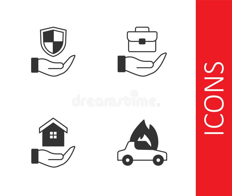 Set Burning Car, Shield Hand, House and Hand Holding Briefcase Icon ...
