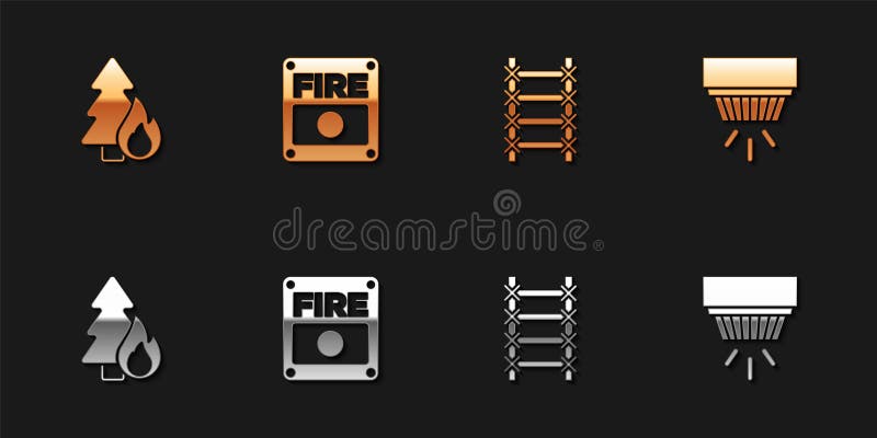 Set Burning Forest Tree, Fire Alarm System, Escape and Smoke Icon ...
